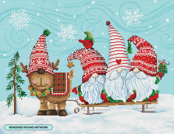 Elf Gnome Trio with Reindeer – Diamond Art Club
